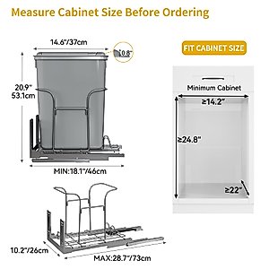 34-Quart Pull-Out Trash Can with Soft Close and Lid for 14.2" W x 22" D x 24.8" H Min Cabinets, Sliding Under Mount Kitchen Pullout Waste Container Trash Can, Gray