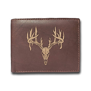 Deer Buck Antlers Skull Hunting Cowhide Leather Laser Engraved Engraving Slimfold Mens Large Capacity Luxury Wallet Purse Minimalist Sleek Slim Brown Credit Card Holder Organizer 14 Pocket with RFID