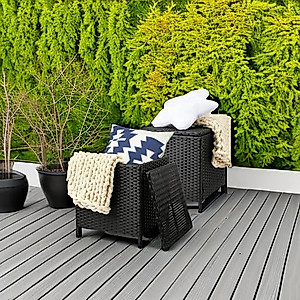 DoubleFill 2 Pcs Wicker Side Table with Storage PE Rattan Wicker Ottoman Small Patio Outdoor Storage Box 11.8 Gallon Square Outdoor Foot Stool Footrest Footstool for Porch, 15.75 x 15.75 x 17.72