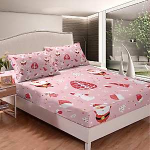Santa Claus Sheet Set Cute Rabbit Kawaii Pink Bed Set for Kids Boys Girls Decor Merry Christmas Bed Sheets Girly Pink Sheets Bedroom Collection 4Pcs Full Size