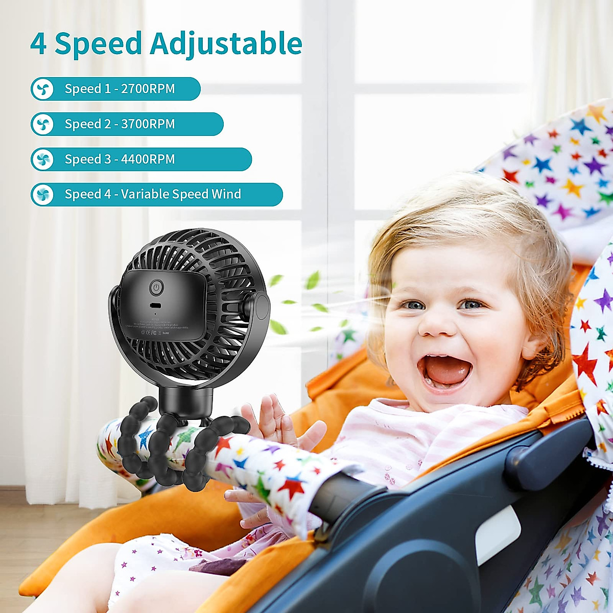 SMARTDEVIL Portable Stroller Fan, 4000mAh Small Battery Operated Baby Fan, 4 Speeds Car Seat Fan with Flexible Tripod, Dual 360° Rotatable, for Peloton Bike, Crib, Treadmill, Travel (Black)