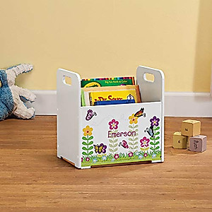 Fox Valley Traders Personalized Kids Wooden Book Caddy, Customized Children’s Book Storage Bin, Flowers and Butterflies Design
