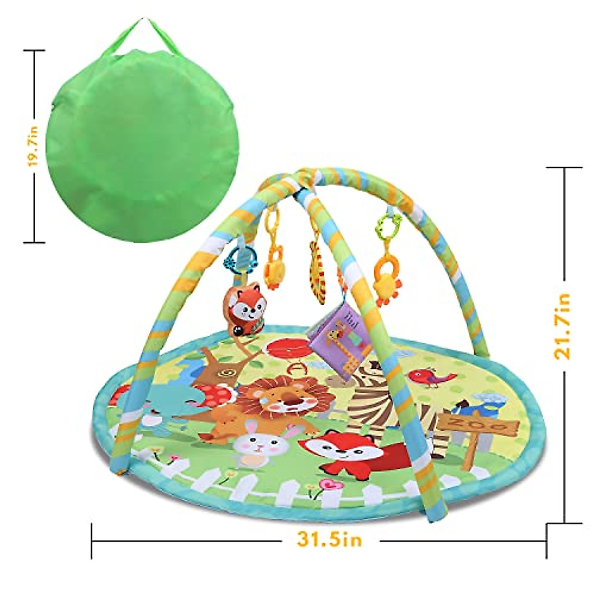 Kirumie Baby Play Gym, Baby Play Mats for Babies and Toddlers with 5 Toys. Visual, Hearing, Touch, Cognitive Development Baby Tummy Time Activity Mat, Gift Idea for Newborns with Storage Bag.