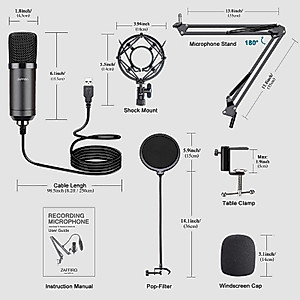 ZAFFIRO USB Microphone, Professional Grade Condenser Microphone, Professional Microphone Kit, Computer Microphone Kit, Adjustable Stand for Professional Recording Studio, Karaoke, Conference Hosting