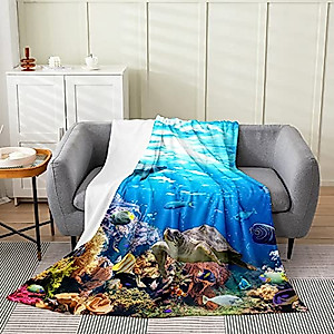 Erosebridal Sea Turtle Throw Blanket All Season,Shark Fleece Blanket Throw 50x60,Ocean Animals Fishes Fuzzy Blanket Sofa Bed Couch Decor,Tortoise Coastal Tropical Fish Fuzzy Blanket Lightweight