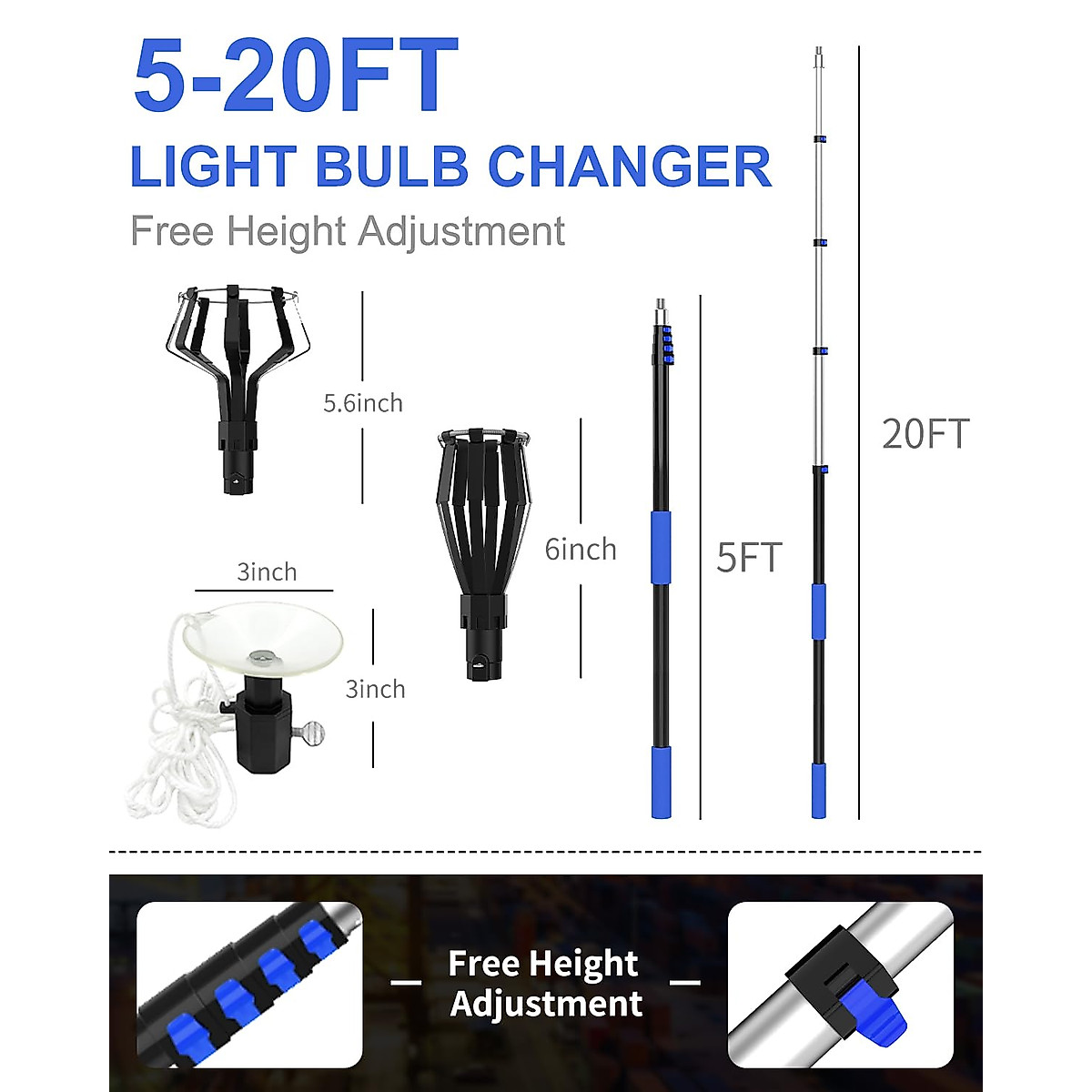 SKGPOLE 26FT+ Reach Light Bulb Changer for High Ceilings with 5-20 Foot Telescopic Extension Pole, Light Bulb Extension Pole Changer with Baskets and Suction Cup for High Ceilings and Recessed Lights