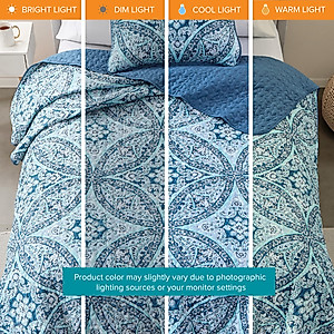 Comfort Spaces Reversible Quilt Set-Vermicelli Stitching Design All Season, Lightweight, Coverlet Bedspread Bedding, Matching Shams, Twin/Twin XL (66 in x 90 in), Gloria Damask Aqua 2 Piece