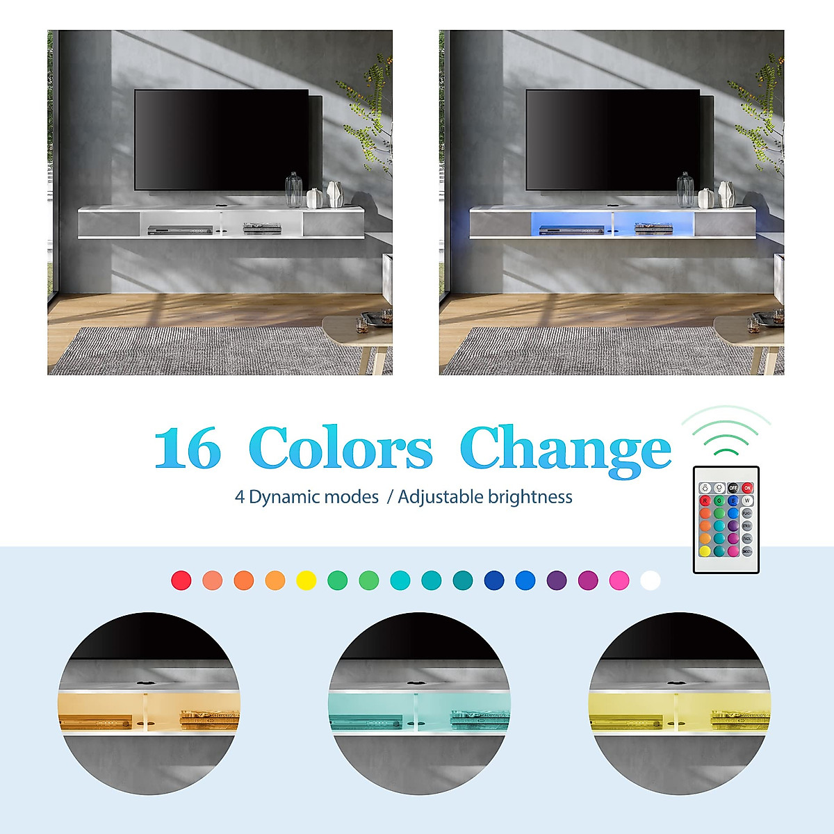 WAMPAT Floating 70 inch TV Stand with 16-Color LED Lights, Entertainment Center Media Console, Wall Mounted Shelf Media Console Cabinet with Storage for 65/70/75 Inch TVs, White&Grey