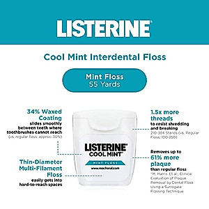 Listerine Cool Mint Interdental Floss Bundle | Effective Plaque Removal, Teeth & Gum Protection | Shred-Resistant, Fresh-Breath Feeling, PFAS Free | 55 Yards, 6 Pack