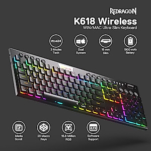 Redragon K618 PRO 3-Mode Wireless RGB Mechanical Keyboard, BT/2.4Ghz/Wired Low Profile Win/Mac Gaming Keyboard w/Ultra-Thin Design, Dedicated Media Control & Linear Red Switch