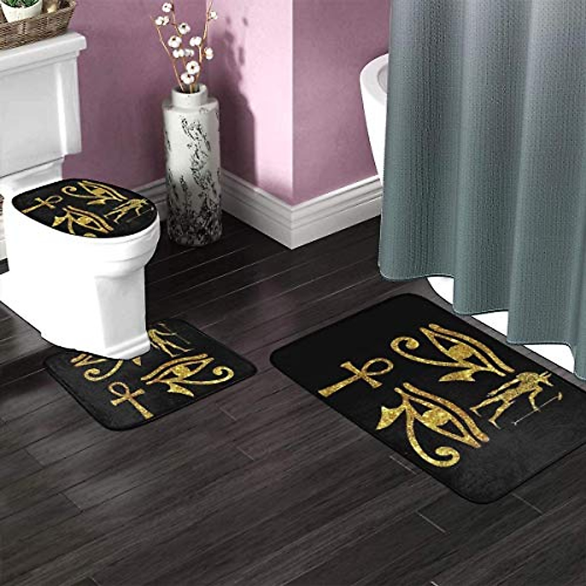 Ancient Egyptian Ankh Gold Bathroom Antiskid Pad Set 3 Piece Bath Mat,Water Absorption Contour,Toilet Lid Cover