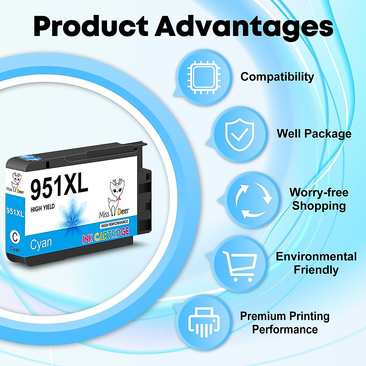 Miss Deer Compatible Ink Cartridge Replacement for HP 951 951XL 950XL 951XL for HP Officejet Pro 8600 8610 8620 8630 8640 8100 8625 8615 251dw 271dw 276dw Printer (1 Cyan, 1 Magenta, 1 Yellow), 3-Pack