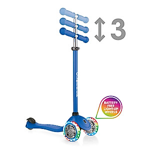 Globber Primo Lights V2 423-100-2 Navy Blue Kick Scooter, Adjustable 3-Height T-Bar, Robust Composite Deck, Comfortable Ergonomic Grips, Durable Brake, LED Light Up Wheels