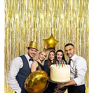 Gold Metallic Tinsel Foil Fringe Curtains | 2pcs 3.2ft x 8.2ft Gold Backdrop Party Streamers for Birthday Wedding Engagement Bridal Shower Baby Shower Bachelorette Party Decorations