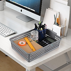 Knifefish 6 Packs Plastic Storage Baskets, Paper Organizer Baskets , Shallow Storage Basket Trays, Grey