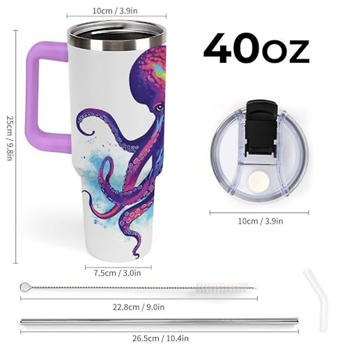 LLUTSNTH 40 Oz Vacuum Tumbler with Violet Handle Leakproof Insulated Tumbler Colorful Octopus Stainless Steel Travel Mug with Lid And Straw Coffee Cup Cute Water Bottles Cup Holder Friendly