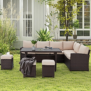 U-MAX 7 Pieces Patio Furniture Set Outdoor Sectional Sofa Conversation Set All Weather Wicker Rattan Couch Dining Table & Chair with Ottoman, Khaki Cushion