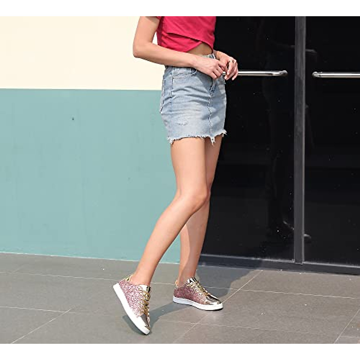 LUCKY STEP Glitter Sneakers Lace up | Fashion Sneakers | Sparkly Shoes for Women (10 B(M) US, Gold)