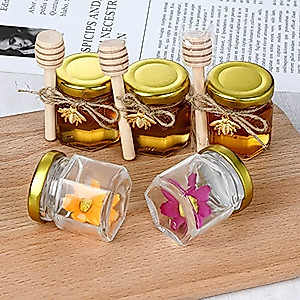 1.5 oz Hexagon Mini Glass Honey Jars -30Pack Honey Jars with Wood Dipper, Gold Lid, Bee Pendants, Jutes - Perfect for Baby Shower, Wedding Favors, Party Favors