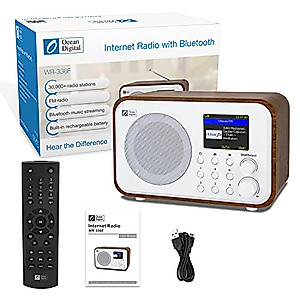 Ocean Digital WR-336F Wi-Fi Internet FM Radio Portable with 4 Preset Keys Rechargeable Battery Bluetooth Receiver Stress Relief Relaxation Music Channels White