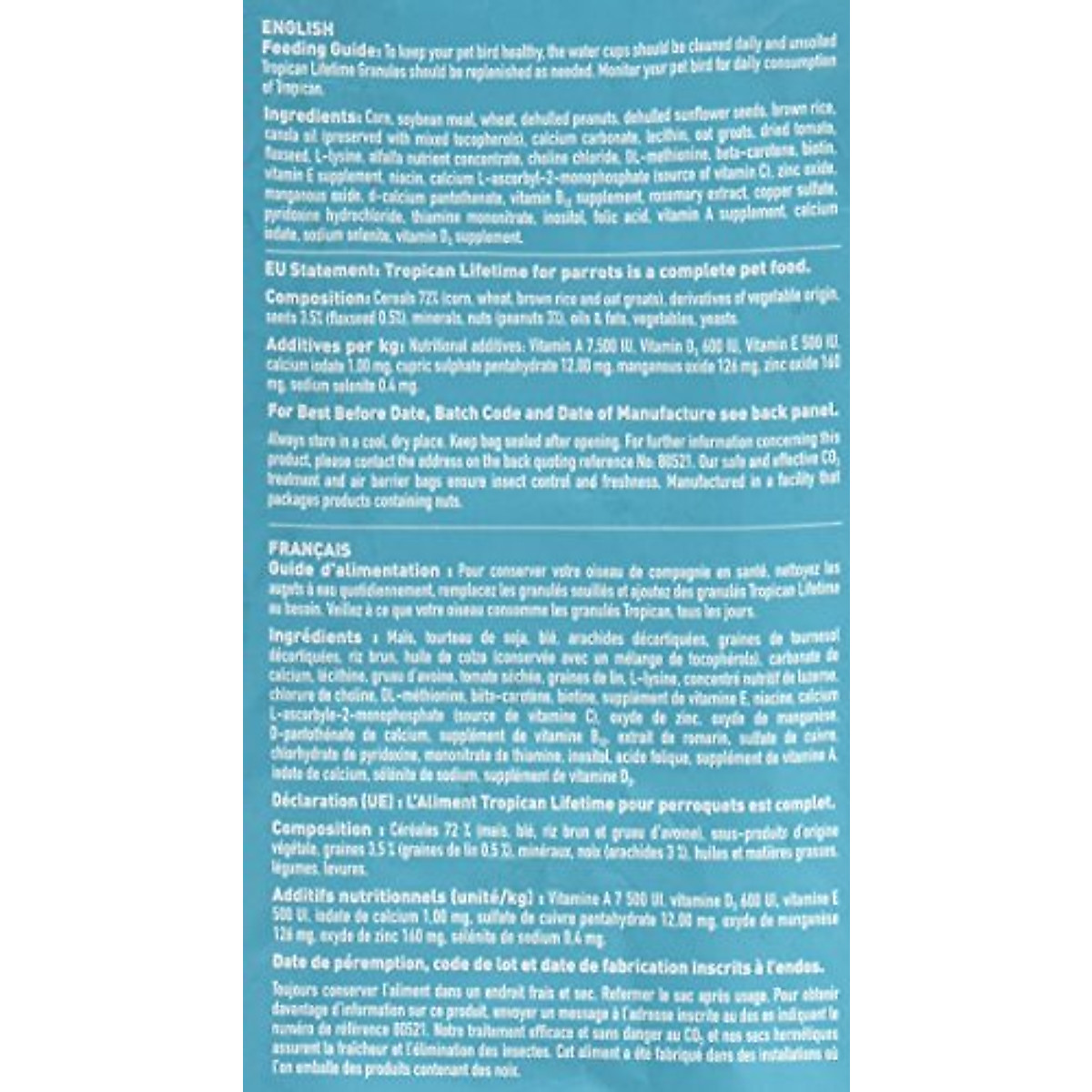 Hari Tropican Bird Food, Hagen Large Parrot Food with Peanuts & Sunflower Seeds, Cockatiels Granules, Lifetime Formula, 4 lb Bag