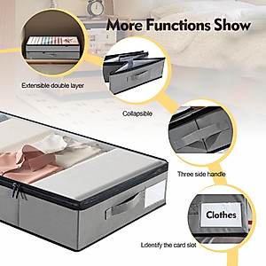 Supowin Large Under Bed Storage Containers, 2-Pack Double Layer Underbed Storage Bins with 3 Handles, 70L Extensible/Closed Clothes Storage Organizer with Sturdy Bottom Sidewalls, Dark Grey