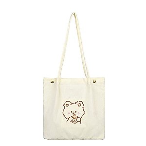 Corduroy Totes Bag Women Girls Corduroy Shoulder Bag Cute Cartoon Embroidery Casual Shoulder Tote