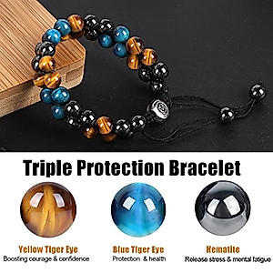 Tiger Eye Triple Protection Bracelet for Women Men, Yellow Blue Tiger Eye Hematite Bead Crystal Stone Handmade Jewelry Bracelet, Bring Luck And Prosperity Courage Bracelet