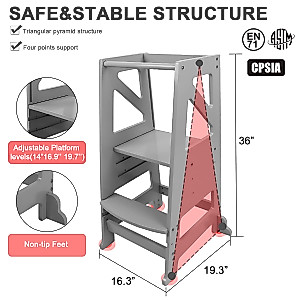 Toddler Kitchen Step Stool Toddler Standing Tower Toddler Step Stool Toddler Tower with Message Boards Safty Rail-Adjustable Kids Kitchen Step Stool for Kitchen Counter Bathroom Sink (Grey)