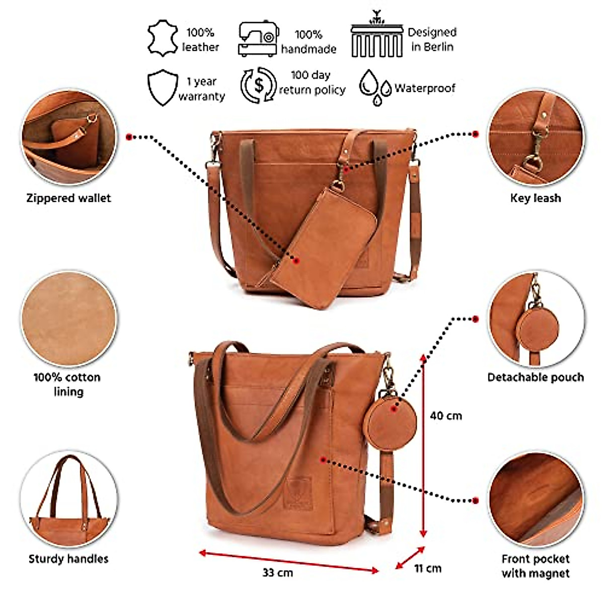 BERLINER BAGS Vintage Leather Shoulder Bag Verona, Large Handbag for Women - Brown