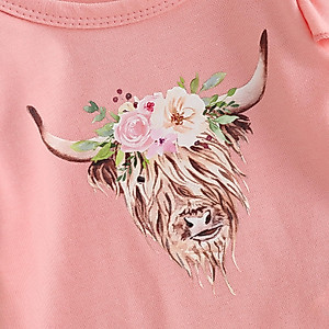 TheFound Western Baby Girl Clothes Ruffle Romper Cow Print Bell Bottoms Cowgirl Outfits for Girls Newborn Cute 2Pcs Set (Pink, 12-18 Months)