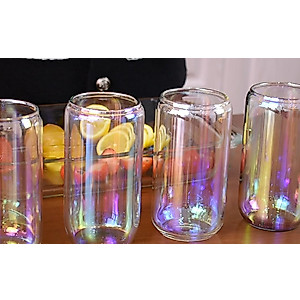 RoweLLsouL Glasses with Bamboo Lids and Clear Straws, 4 Pack 16oz Beer Glasses,Cute Tumbler Cup Iced Coffee Mug, Iced Coke Mug, Soda, Milk Tea，Gift - 4 Cleaning Brushes and 4 coasters