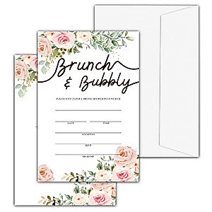 Boho Floral Greenery Brunch & Bubbly Invitations with Envelopes for All Occasions, 25 Pcs Champagne Brunch Blank Fill-in Invites for Bridal Shower, Wedding Reception, Engagement Party(04)