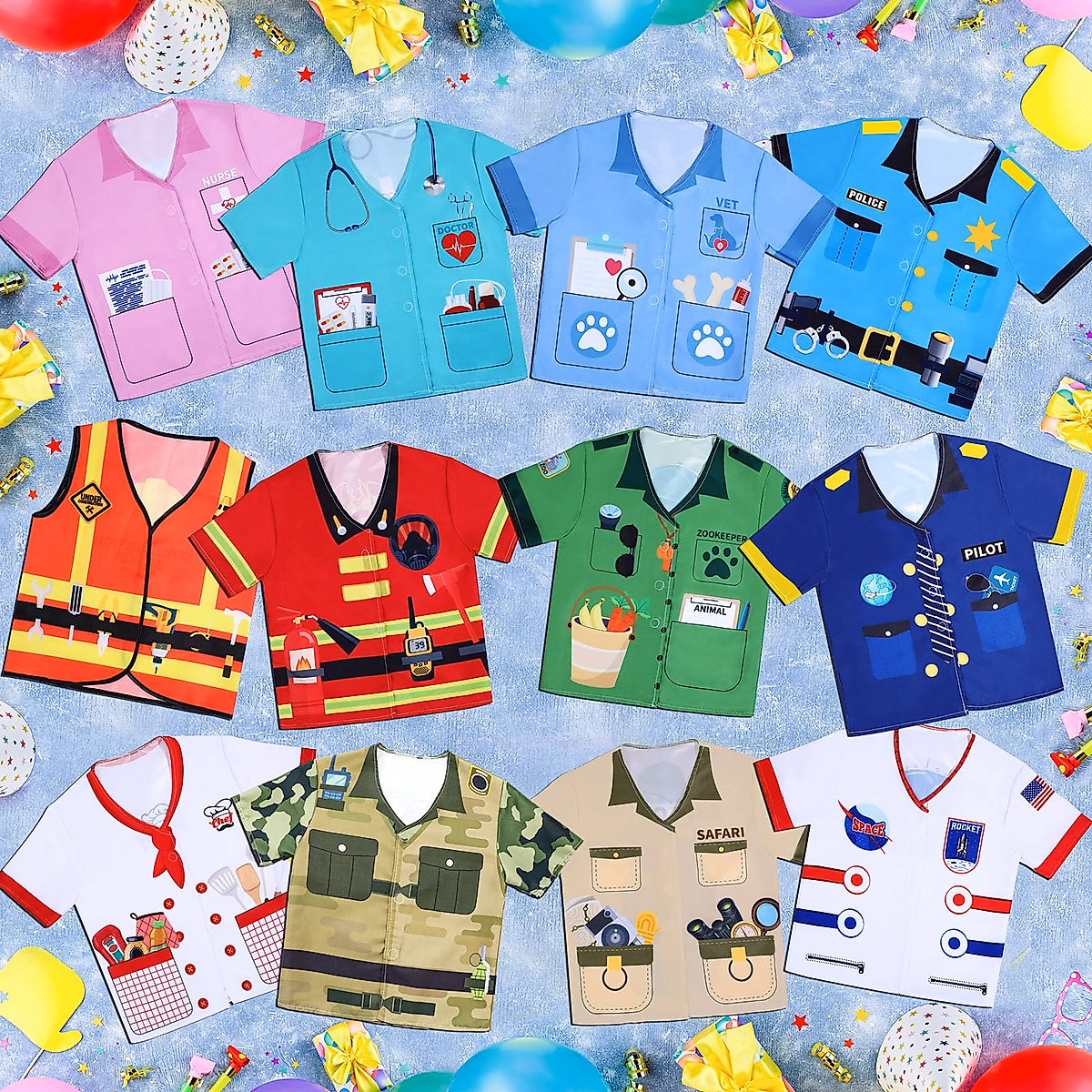 Jiuguva 12 Pcs Kids Pretend Play Costumes Firefighters Police Officers Astronauts Racers Unisex Cosplay Set(Classic)