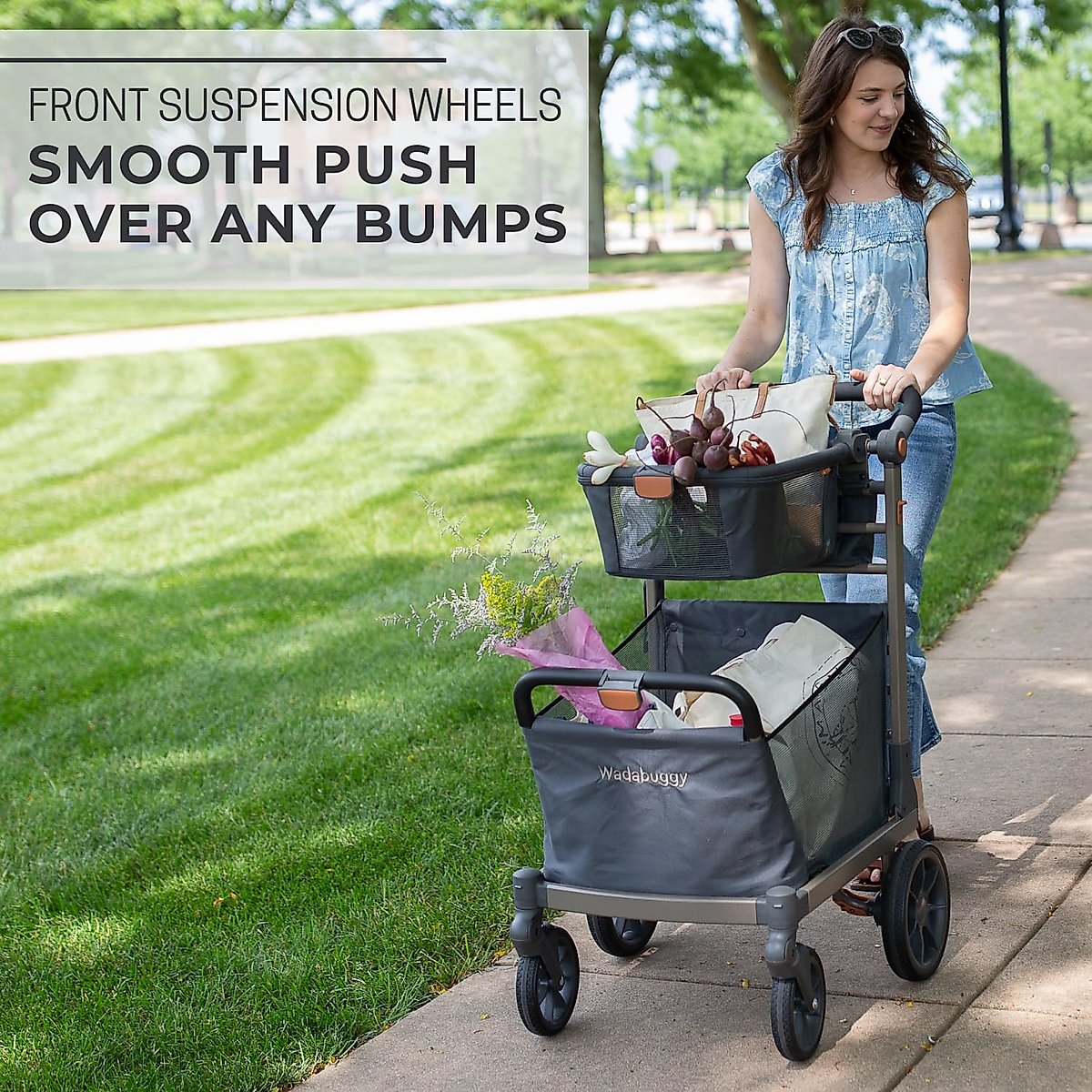Wadabuggy Heavy Duty Folding Shopping & Utility Cart, Glides Effortlessly - Easy to Maneuver, Lightweight Push & Pull Behind Cart w/3 Storage Baskets