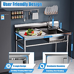 DHBREK Single Compartment Kitchen Sink Commercial Restaurant Sink 47" Stainless Steel Utility Sink Drain Board Commercial Square Kitchen Sink for Restaurant Home(Type 2)