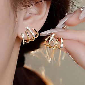 Gold Needle Stud Earrings for Women Stud Ear Cuffs Non Pierced Ear Cartilage Earrings Rhinestone Minimalist Twist Earrings for Girls, Rhinestone, other