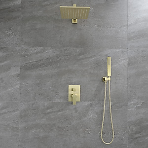 SHAMANDA Brass Rainfall Shower System, Luxuly Bathroom Shower Faucet Combo Set Brushed Gold(Including Rough-In Valve Body and Trim), L70001-3