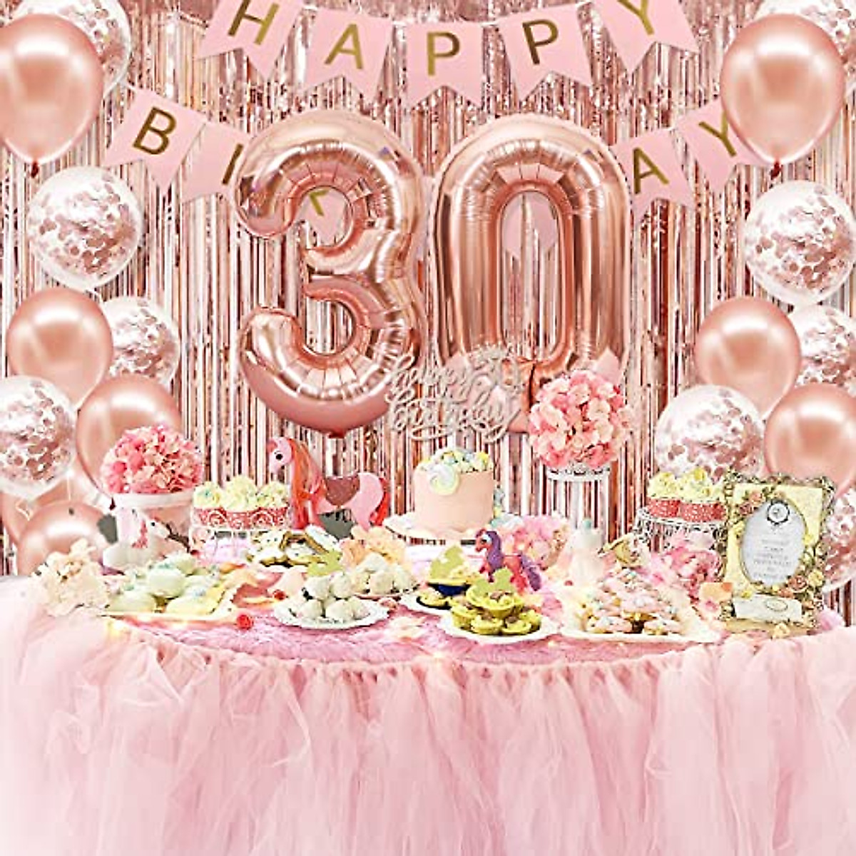 30th Birthday Decorations for Women, Rose Gold 30 Birthday Decorations for Her, Happy 30th Birthday Banner, Crown, Sash, Cake Topper and Number Balloon, 30th Birthday Party Supplies for Women