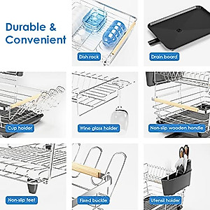 G-TING Dish Drying Rack, 2 Tier Detachable Dish Rack and Drainboard Set, Rust-Proof Drying Rack for Kitchen Counter, Large Capacity Dish Drainer with Utensils Holder and Cup Rack, Silver