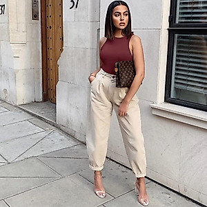 REORIA Womens Sexy Sleeveless Halter Neck Racer Back Leotard High Waist Thong Bodysuits Tank Tops Burgundy Medium