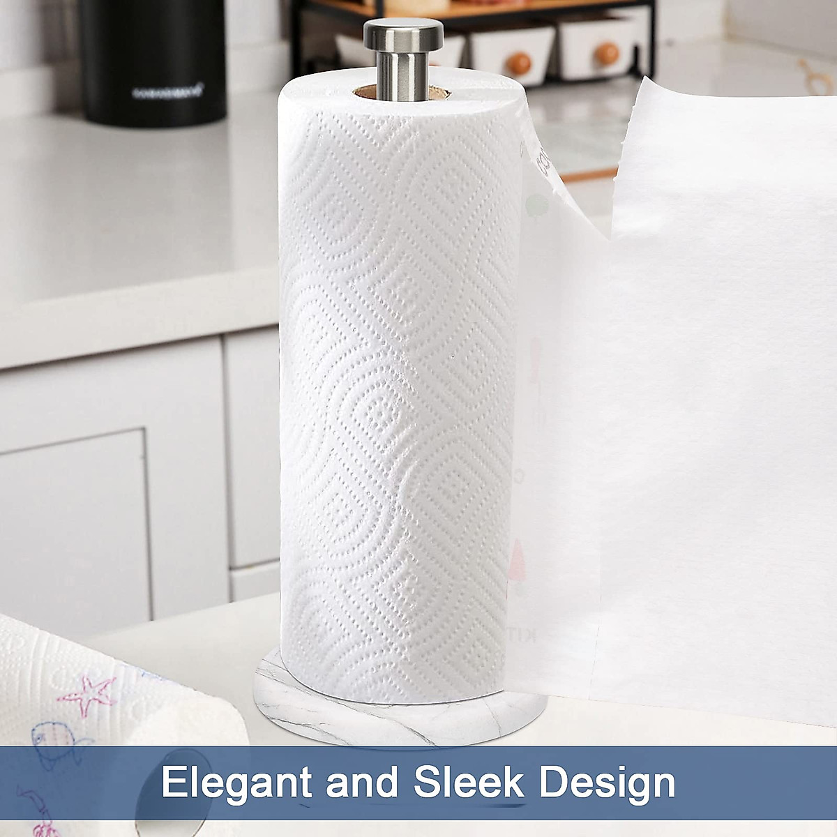 NearMoon Standing Paper Towel Holder, Kitchen Paper Towel Roll Holder- for Bathroom Kitchen Countertop, Standard or Jumbo-Sized Roll Holder (with Marble Base, Brushed Nickel)