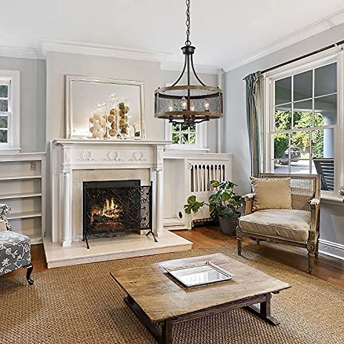 LALUZ Farmhouse Chandelier, Dining Room Light Fixture, Drum Chandeliers, 16” Width, Oil Black & Wood Painted Finish