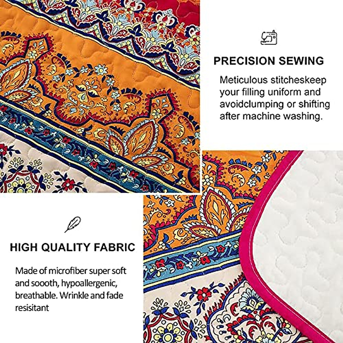 WONGS BEDDING Bohemian Quilt Set California King, Boho Striped Pattern Printed Quilt Coverlet for All Season, Soft Microfiber Boho Bedspread Set 96"x106"(3 Pieces, Cal King)