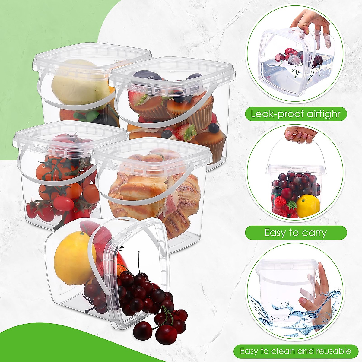 Menkxi 15 Pcs 68 oz Plastic Deli Containers with Lids and Handles Square Clear Food Storage Containers Reusable Freezer Containers for Food Storage and Meal Prep, Freezer and Microwave Safe