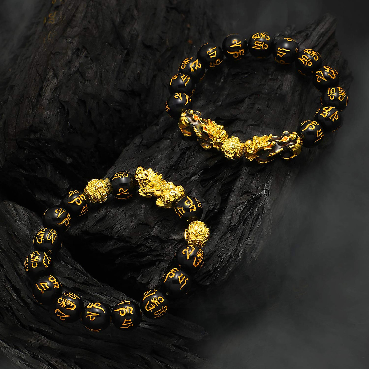 2 Pieces 12 mm Feng Shui Bead Bracelet Chinese Bracelet with Hand Carved Black Amulet Bead Bracelet Pi Xiu for Attracting Wealth and Good Luck for Women Men (Two Thermochromism One Gold)