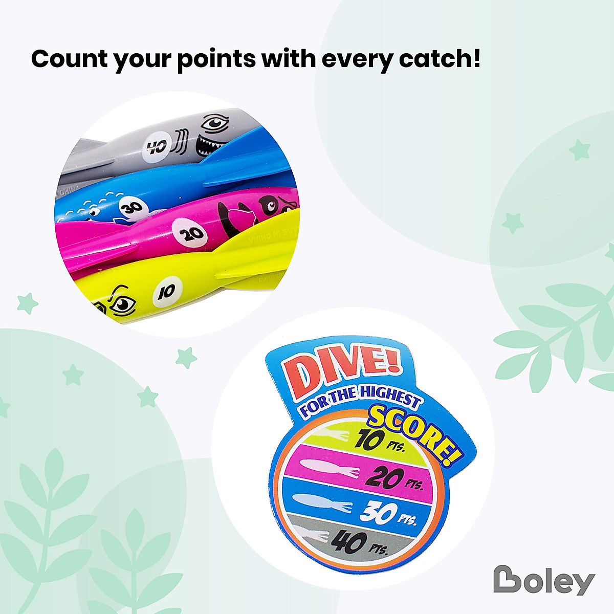 Boley Dive Torpedo Swim Toys - 12 Pack Sinking Pool Toys for Kids - Colorful Shark, Whale, Fish Diving Torpedoes - Summer Water Games, Bath Time Fun, Pool Diving Toy Set