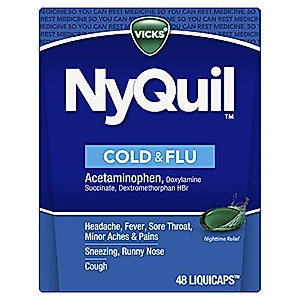Vicks NyQuil Cold and Flu Relief Liquid Medicine, Powerful Multi-Symptom Nighttime Relief for Headache, Fever, Sore Throat, Minor Aches and Pains, Sneezing, Runny Nose, and Cough, 48 Liquicaps