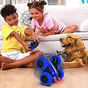 Zyerch RC Car, 4 Wheel Drive Stunt Car Toy for Kids, Hobby RC Crawlers, Double Sided Rotating 360°Remote Control Car, Dual-Color Headlights Blue/Red/Green,K-03B