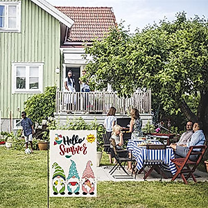 Hello Summer Garden Flags, Welcome Gnomes Buffalo Plaid Vertical Double Sized Burlap Flag for House Yard Outdoor Decor 12.5 x 18 Inch (Multi)